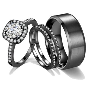 ahloe jewelry cejug 2ct 18k black gold wedding ring sets for women and men hers his titanium bands stainless steel couple rings cz size 10&7