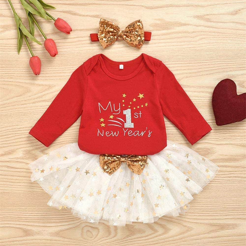 GLIGLITTR My First New Year's Outfit Newborn Baby Girl Clothes Long Sleeve Romper Top+Tutu Skirt+Headband 3Pcs Skirt Set(Red, 18 Months)