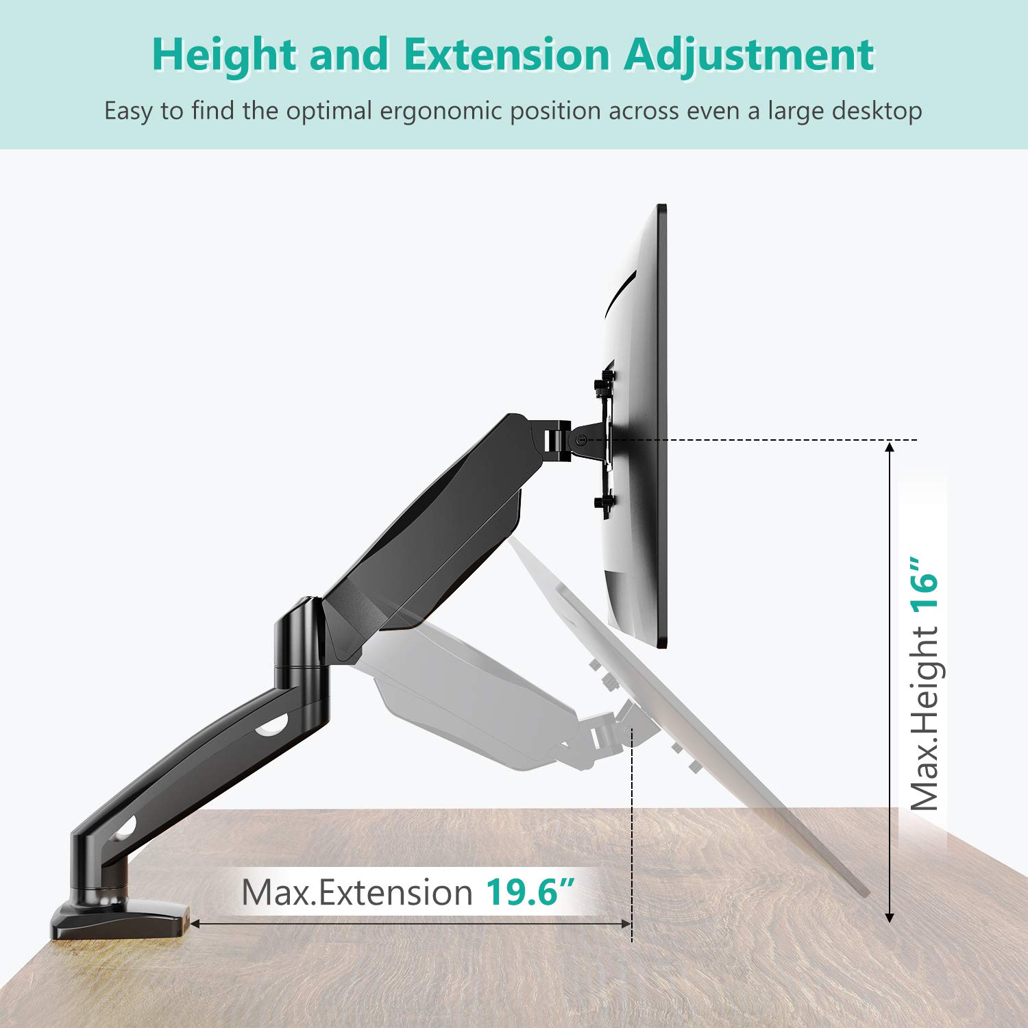 WALI Single Monitor Arm Mount Stand Fully Adjustable Gas Spring Arm Desk Mount Swivel Bracket with C Clamp, Grommet Mounting Base for Display Up to 32 Inch,19.8lbs. Capacity (GSMP001), Matte Black