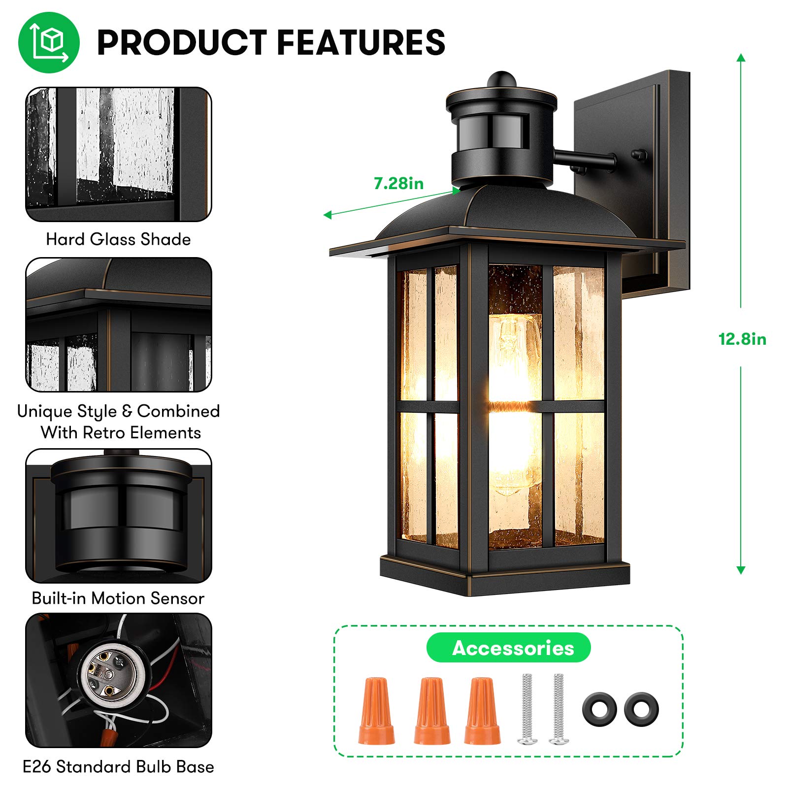 Motion Sensor Outdoor Light - Advanced Dusk to Dawn Exterior Lantern Fixtures Wall Sconce, Waterproof Porch Light Fixtures Wall Mount for Entryway Garage, Anti-Rust 100% Aluminum