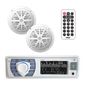 pyle plmrkt36wt 5.25 inch waterproof bluetooth marine stereo receiver and speaker kit with hands free calling and wireless streaming, am/fm radio, mp3/usb/sd input, white (2 pack)