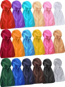 18 pieces silky durags long tail headwrap durag wide strap satin durag cap for men and women (mixed color)