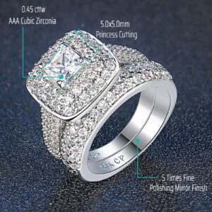 Ahloe Jewelry Princess Wedding Rings for Women Engagement Band Bridal Set 18k White Gold Plated Square 1.8Ct Cz Size 8