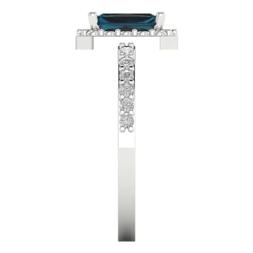 Clara Pucci 2.07 ct Emerald Cut Solitaire Halo Natural London Blue Topaz Engagement Promise Anniversary Bridal Ring 18K White Gold 3.5