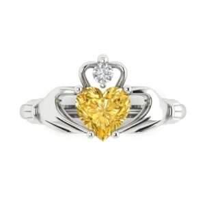 1.55ct heart cut irish celtic claddagh natural yellow citrine engagement promise anniversary bridal ring 18k white gold 5.25