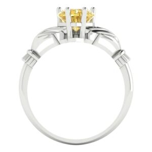 1.55ct Heart Cut Irish Celtic Claddagh Natural Yellow Citrine Engagement Promise Anniversary Bridal Ring 18K White Gold 5.25