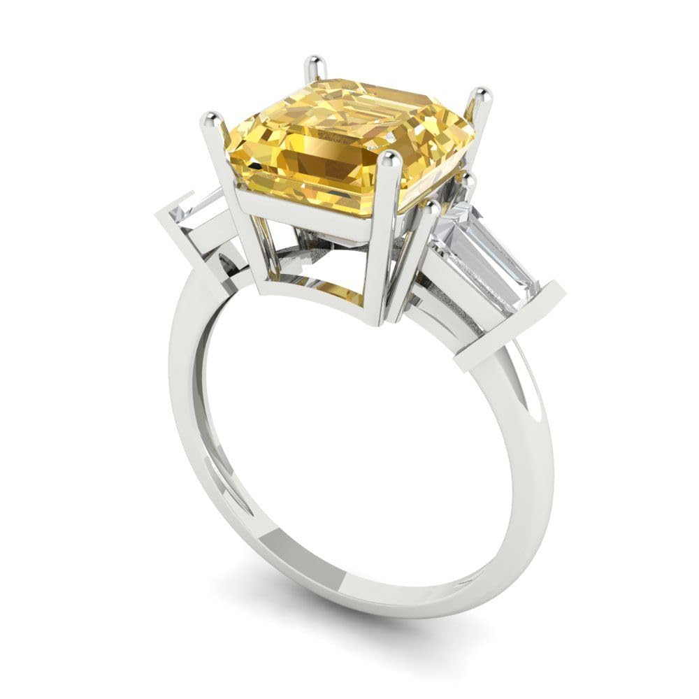 Clara Pucci 3.50 ct Asscher cut 3 stone Solitaire Natural Yellow Citrine Engagement Promise Anniversary Bridal Ring 18K White Gold 5