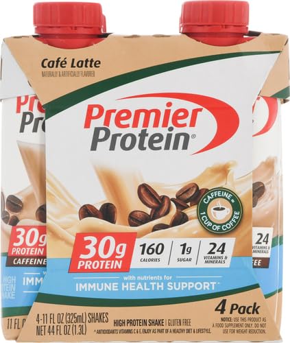 Premier Protein Shake, Café Latte, 30g Protein, 1g Sugar, 24 Vitamins & Minerals, Nutrients to Support Immune Health, 11 Fl Oz, 4 Count