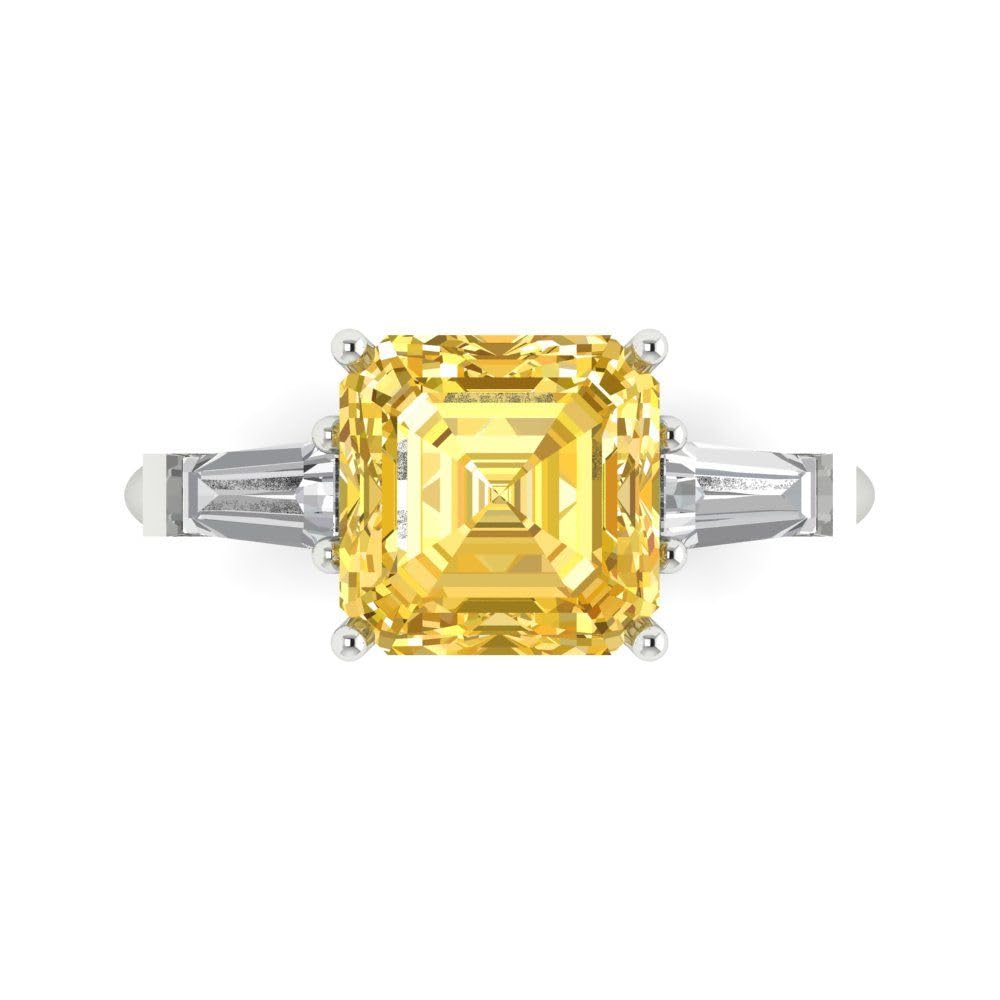 Clara Pucci 3.50 ct Asscher cut 3 stone Solitaire Natural Yellow Citrine Engagement Promise Anniversary Bridal Ring 18K White Gold 5