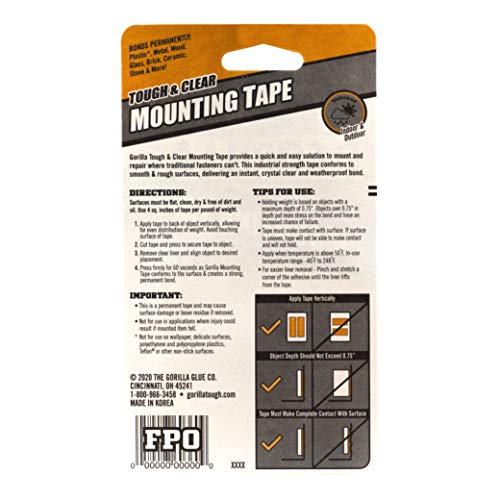 Gorilla Tough & Wide, Heavy Duty Double Sided Mounting Tape, 2" x 48", Clear, (Pack of 1)