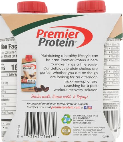 Premier Protein Shake, Café Latte, 30g Protein, 1g Sugar, 24 Vitamins & Minerals, Nutrients to Support Immune Health, 11 Fl Oz, 4 Count