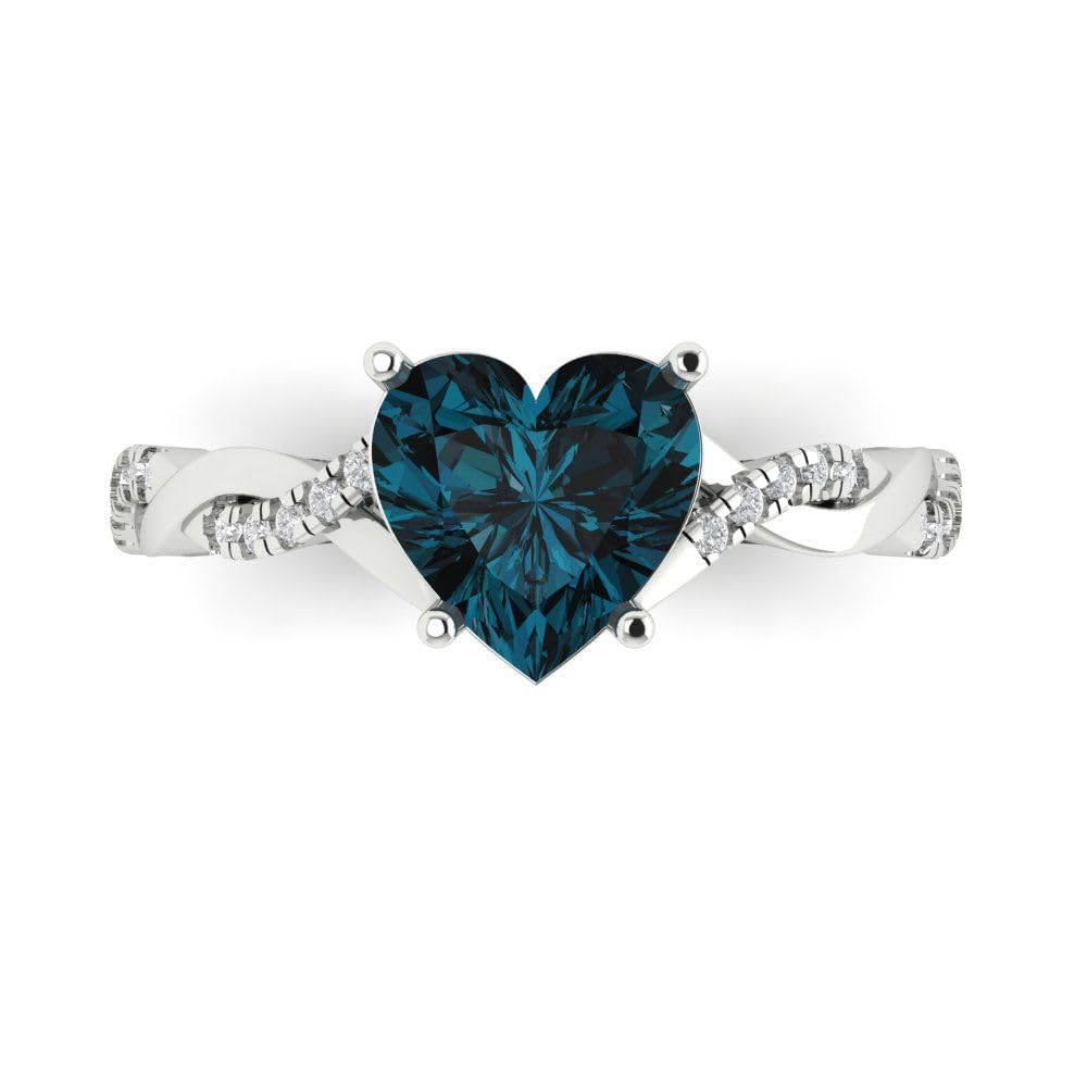 Clara Pucci 2.29 Heart Cut Twisted Solitaire W/Accent Halo Natural London Blue Topaz Bridal Wedding Statement Ring 18K White Gold 7