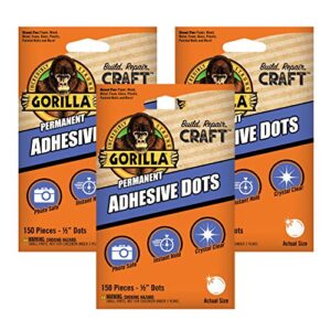 gorilla permanent adhesive dots, double-sided, 150 pieces, 0.5" diameter, clear, (pack of 3)