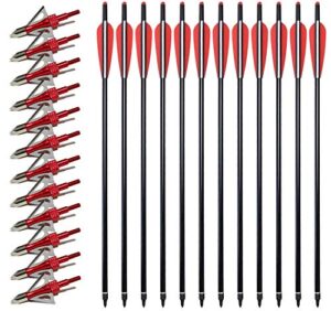 vkeda 20 inch carbon crossbow bolts 12 pack and 12 pack hunting broadheads kit, carbon crossbow arrows for hunting and outdoor practice (red)