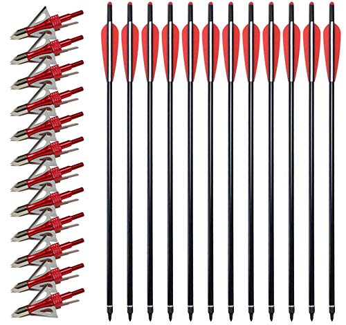 VKEDA 20 Inch Carbon Crossbow Bolts 12 Pack and 12 Pack Hunting Broadheads kit, Carbon Crossbow Arrows for Hunting and Outdoor Practice (Red)