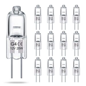 taiyaloo g4 bulb 12 pack crystal clear halogen light bulb 2 pin 12v 20w jc t3 bi-pin g4 base dimmable 2700k warm white 2 prong light bulb for under cabinet puck light, chandeliers, landscape lighting