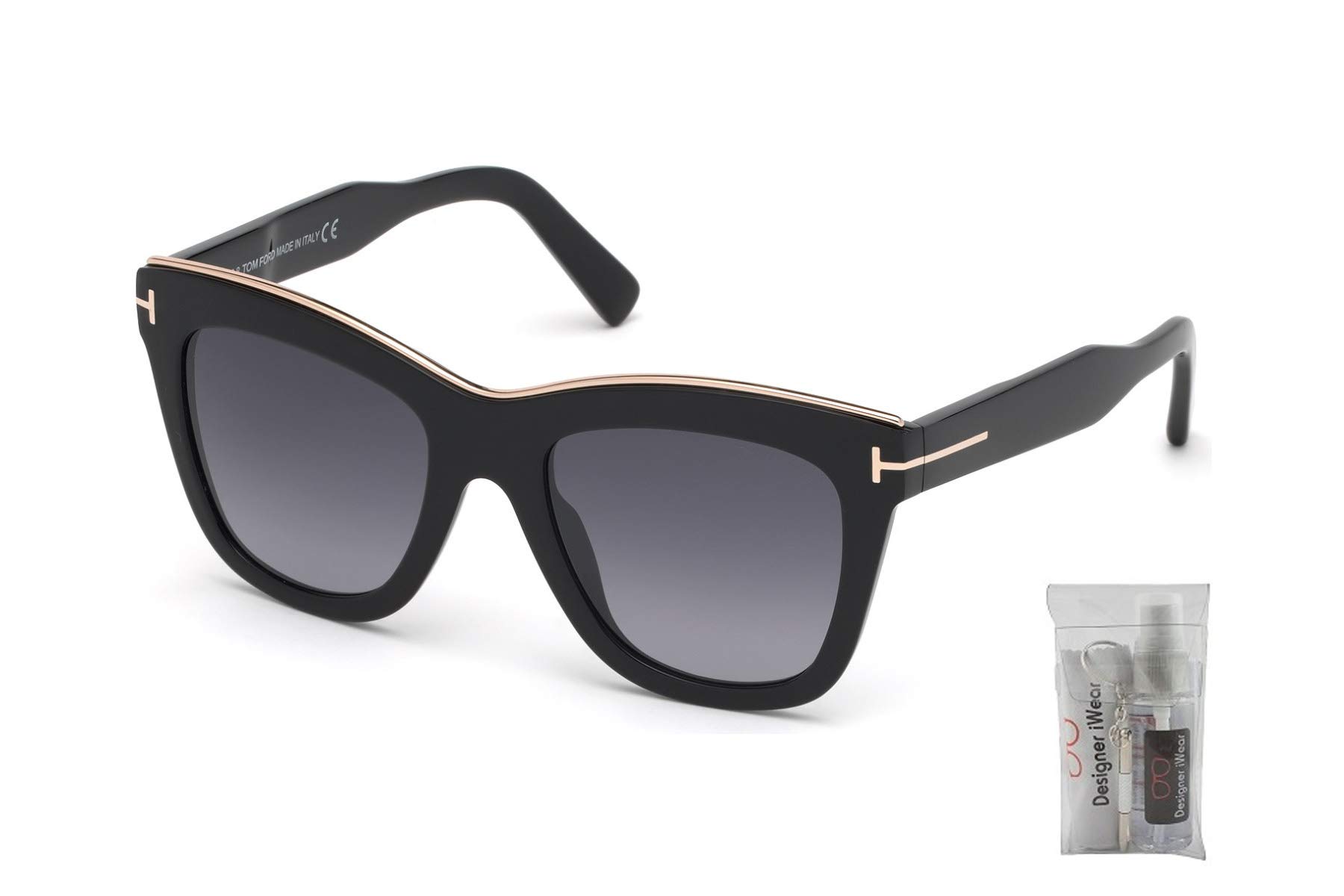 Tom Ford FT0685 Julie 01C 52MM Shiny Black/Gradient Smoke W. Silver Flash Geometric Square Sunglasses for Women + BUNDLE with Designer iWear Eyewear Kit