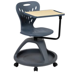 flash furniture laikyn mobile desk chair with 360-degree tablet rotation and under-seat cubby, rolling desk chair for classrooms and remote learning, dark gray