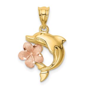 14k two-tone brushed/polished diamond-cut plumeria w/dolphin pendant 22mm style d4493