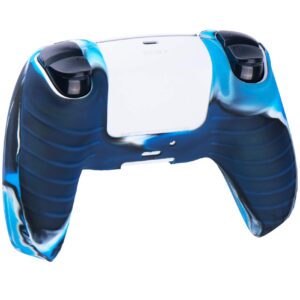 9CDeer 1 Piece of Silicone Studded Dots Protective Sleeve Case Cover Skin + 6 Thumb Grips Analog Caps for PS5 Controller, Camouflage blue