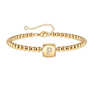 yoosteel gold initial bead bracelets for women trendy, 14k gold filled cute p letter bracelet personalized gold jewelry gold bead bracelets for women friends bridesmaids gold jewelry gifts for women