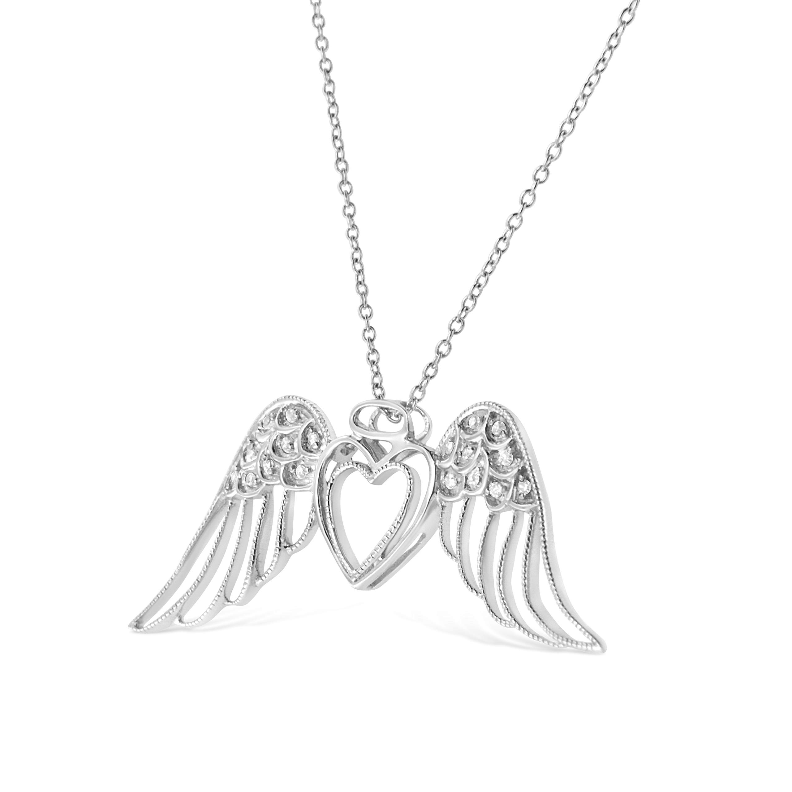 Haus of Brilliance .925 Sterling Silver Pave-Set Diamond Accent Angel Wing 18" Double Heart Pendant Necklace (I-J Color, I1-I2 Clarity)