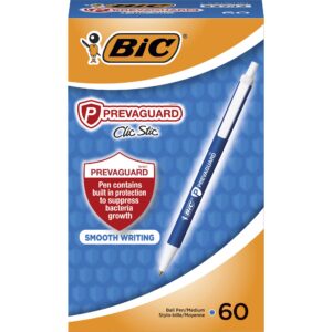 bic prevaguard clic stic ballpoint pen, medium point (1.0mm), 60-count pack, perfect black ballpoint pens for nurses with built-in protection on the pen to suppress microbial growth