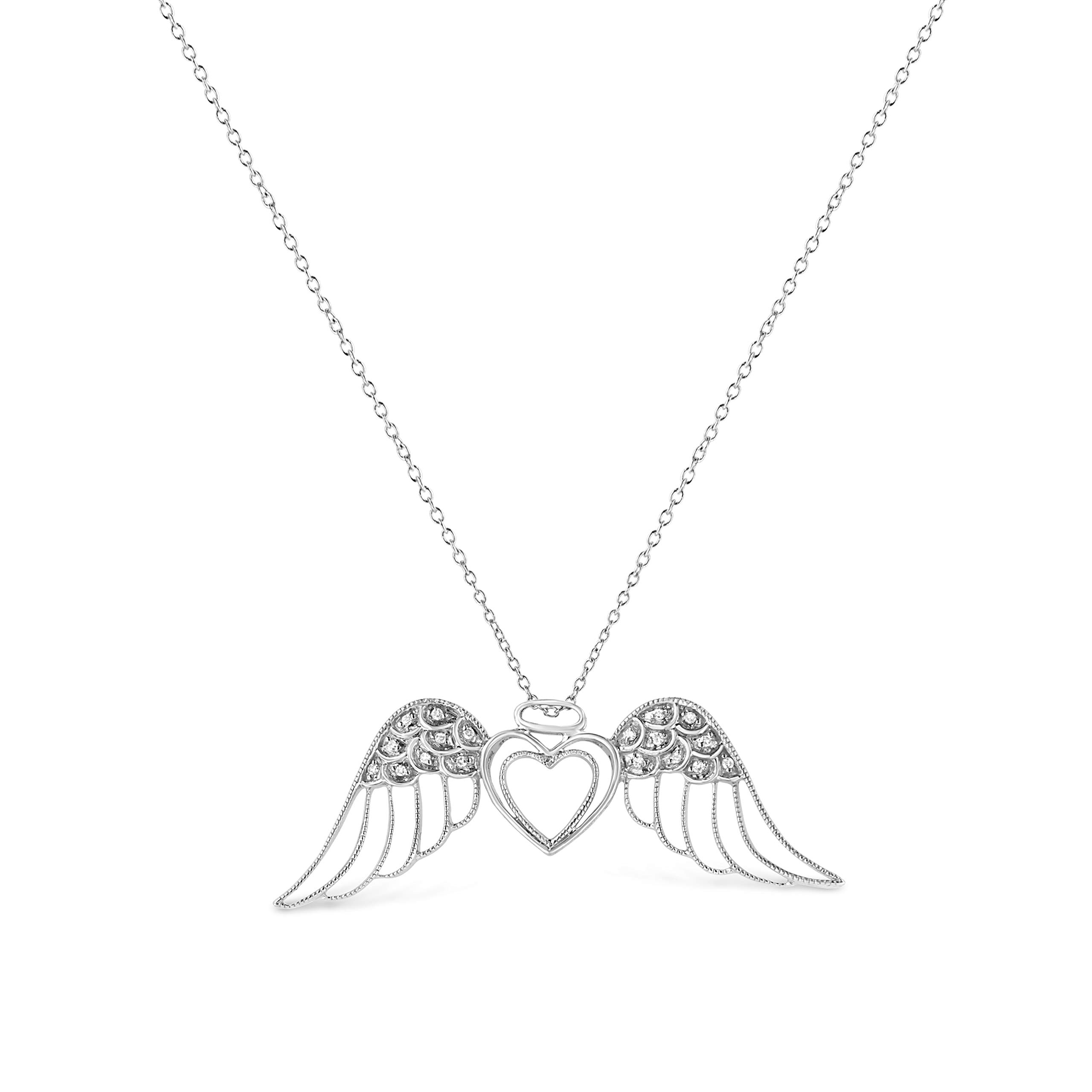 Haus of Brilliance .925 Sterling Silver Pave-Set Diamond Accent Angel Wing 18" Double Heart Pendant Necklace (I-J Color, I1-I2 Clarity)