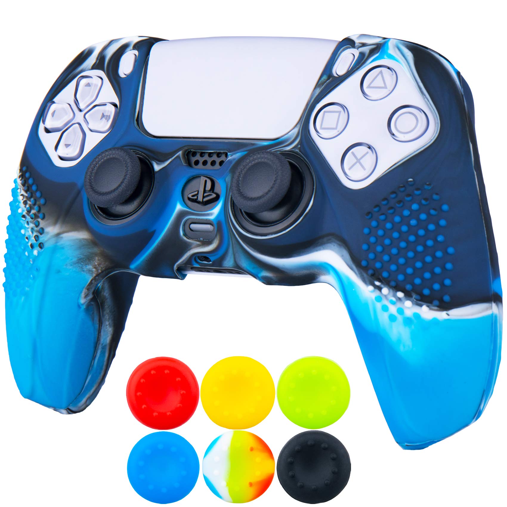 9CDeer 1 Piece of Silicone Studded Dots Protective Sleeve Case Cover Skin + 6 Thumb Grips Analog Caps for PS5 Controller, Camouflage blue