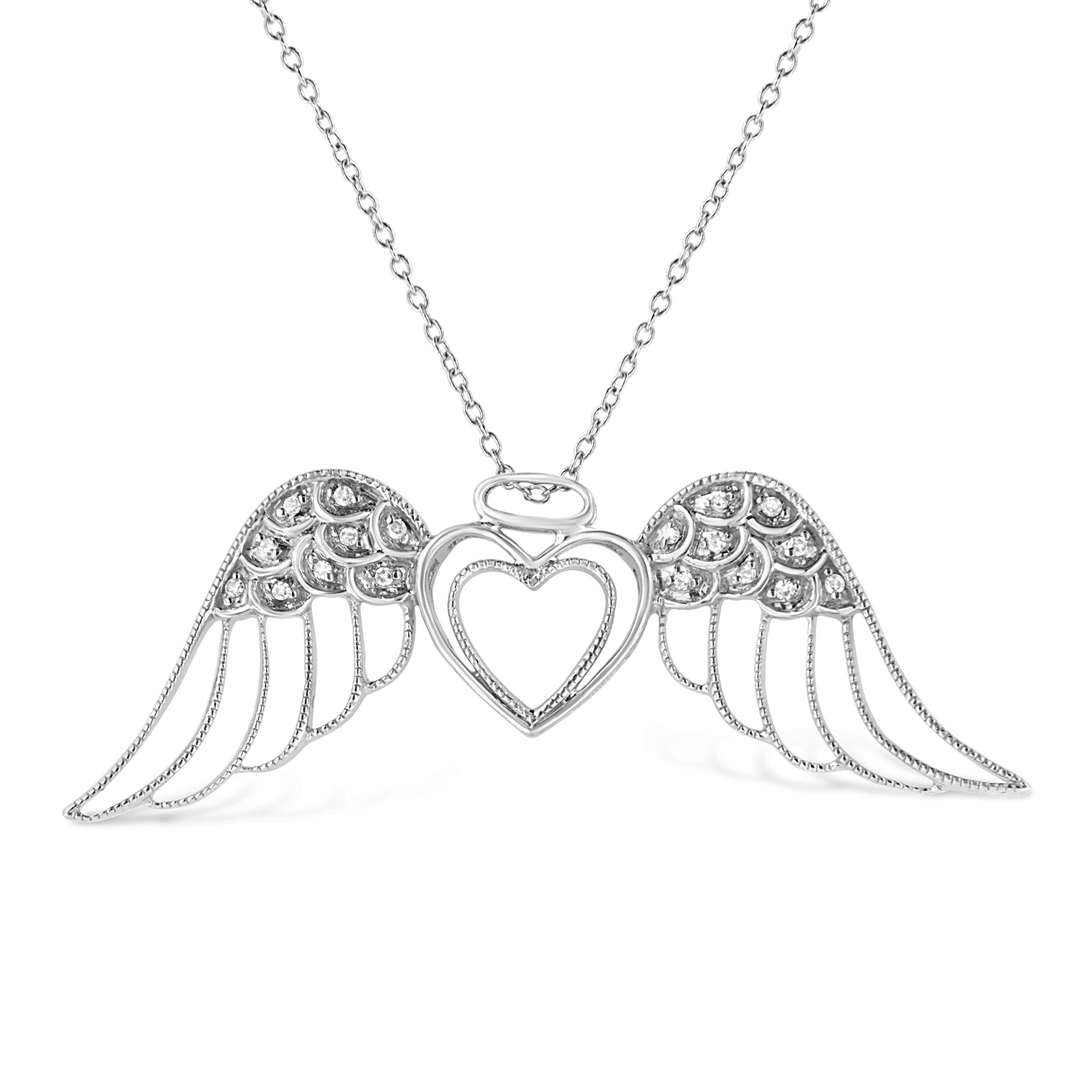 Haus of Brilliance .925 Sterling Silver Pave-Set Diamond Accent Angel Wing 18" Double Heart Pendant Necklace (I-J Color, I1-I2 Clarity)