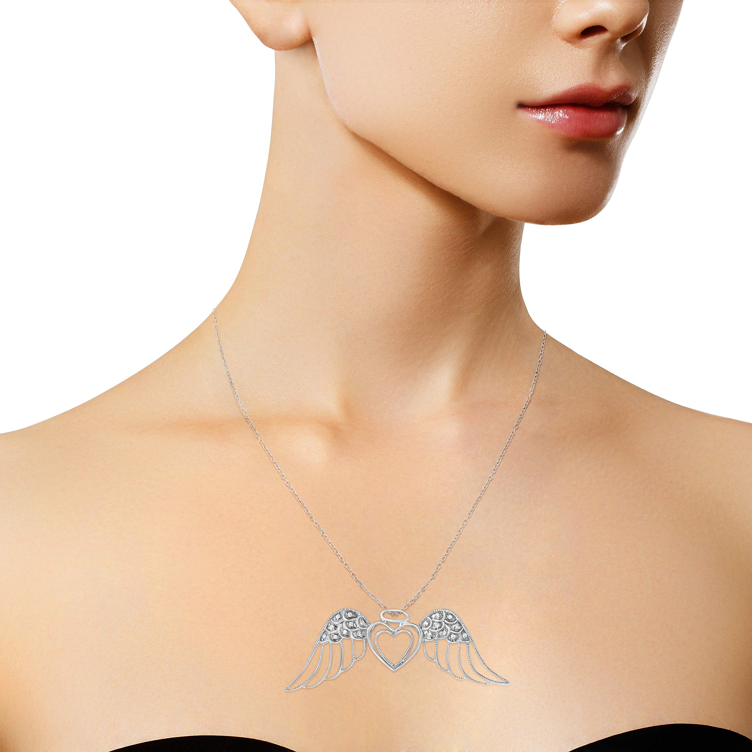 Haus of Brilliance .925 Sterling Silver Pave-Set Diamond Accent Angel Wing 18" Double Heart Pendant Necklace (I-J Color, I1-I2 Clarity)