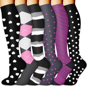 charmking 6 pairs-compression socks for women & men circulation best support for nurses, running, athletic,flight travel (multi 22,l/xl)