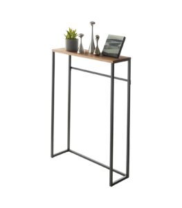 yamazaki home modern slim console table, slim narrow accent table for entryway or living room, metal and wood skinny hallway or sofa table steel one size black