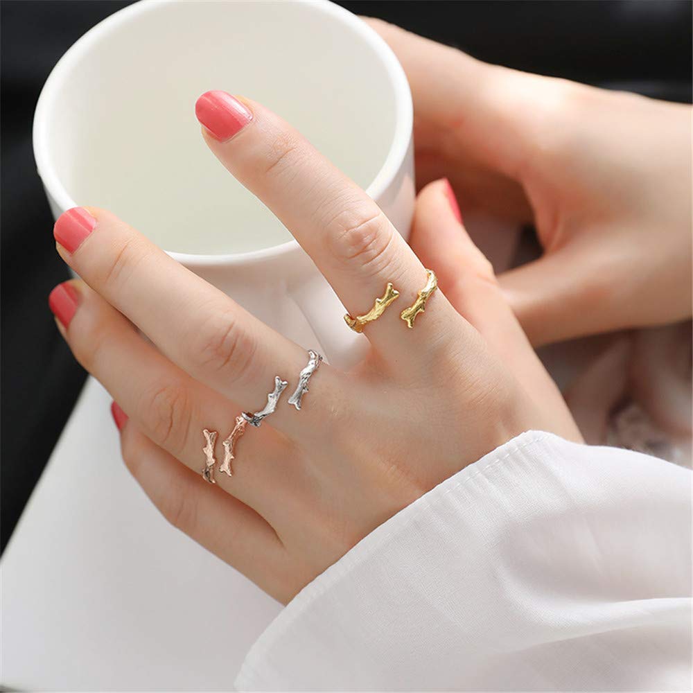 Dtja Bamboo S925 Sterling Silver Ring for Women Vintage Leaf Tree Branch Expandable Open Finger Statement Stacking Rings Adjustable Fashion Christmas Thanksgiving Anniversary (Brushed)