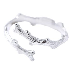 dtja bamboo s925 sterling silver ring for women vintage leaf tree branch expandable open finger statement stacking rings adjustable fashion christmas thanksgiving anniversary (brushed)