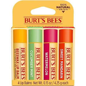 Burt's Bees Lip Balm - Original Beeswax, Cucumber Mint, Watermelon & Sweet Mandarin, With Responsibly Sourced Beeswax, Tint-Free, Natural Origin Treatment, 4 Tubes, 0.15 oz.