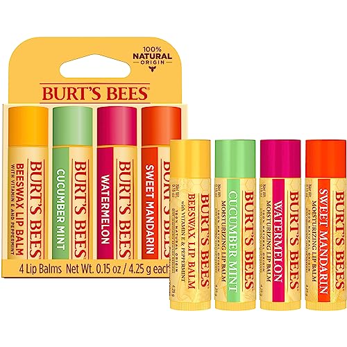 Burt's Bees Lip Balm - Original Beeswax, Cucumber Mint, Watermelon & Sweet Mandarin, With Responsibly Sourced Beeswax, Tint-Free, Natural Origin Treatment, 4 Tubes, 0.15 oz.