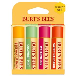 burt's bees lip balm - original beeswax, cucumber mint, watermelon & sweet mandarin, with responsibly sourced beeswax, tint-free, natural origin treatment, 4 tubes, 0.15 oz.