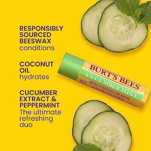 Burt's Bees Lip Balm - Original Beeswax, Cucumber Mint, Watermelon & Sweet Mandarin, With Responsibly Sourced Beeswax, Tint-Free, Natural Origin Treatment, 4 Tubes, 0.15 oz.