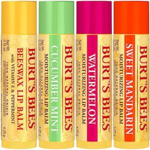 Burt's Bees Lip Balm - Original Beeswax, Cucumber Mint, Watermelon & Sweet Mandarin, With Responsibly Sourced Beeswax, Tint-Free, Natural Origin Treatment, 4 Tubes, 0.15 oz.