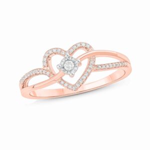 cali trove, diamond heart promise ring for women, heart ring 1/10ct white diamonds in miracle plate setting with criss-cross women's engagement ring in yellow gold-plated, rose gold-plated or 925