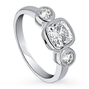 berricle sterling silver 3-stone wedding engagement rings cushion cut cubic zirconia cz anniversary promise ring for women, rhodium plated size 5