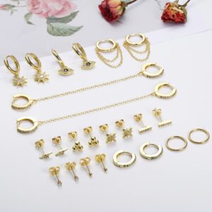 IRONBOX Earrings Set with 14K Gold Plated Huggie Hoop Studs (12Pairs) for Women Small Dainty Minimalist Chain Earrings Cartilage CZ Ball for Multiple Piercing