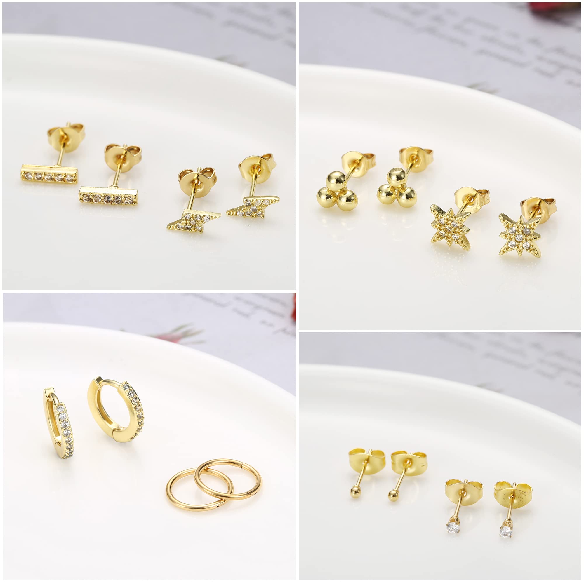 IRONBOX Earrings Set with 14K Gold Plated Huggie Hoop Studs (12Pairs) for Women Small Dainty Minimalist Chain Earrings Cartilage CZ Ball for Multiple Piercing