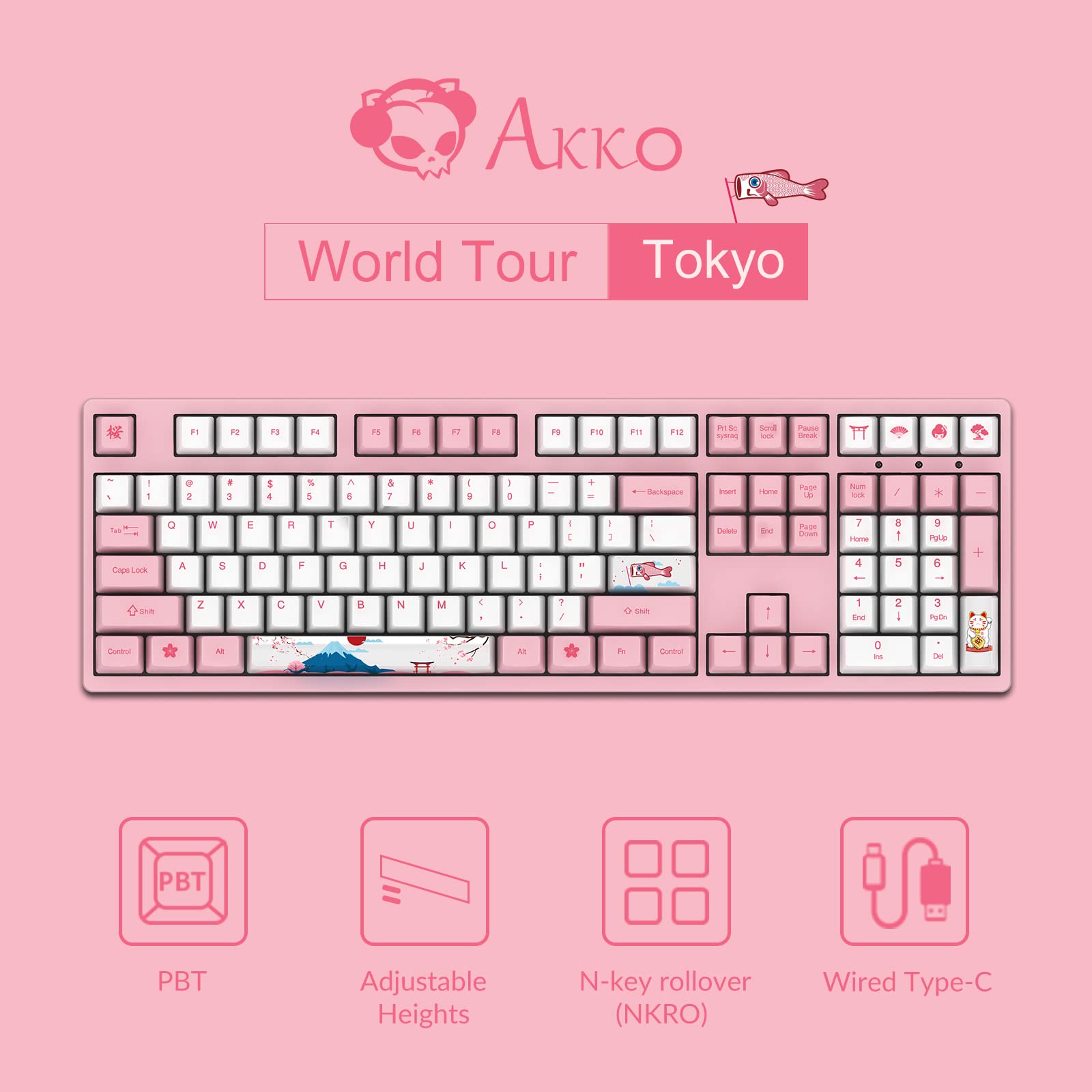 Akko World Tour Tokyo 108-Key R1 Wired Pink Mechanical Gaming Keyboard, Programmable with OEM Profiled PBT Dye-Sub Keycaps and N-Key Rollover, Mac/Win Compatible (Akko Cream Yellow Switch)