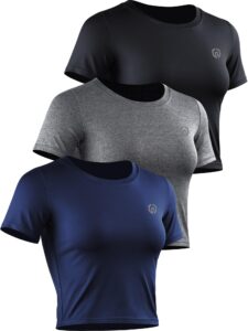 neleus women's running crop shirts short sleeve workout athletic shirts,8079,black/grey/navy blue,3 pack,l