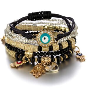 4 pcs set evil eye bohemian wood beaded crystal rope pendant bracelet multilayer stretch for women girl lucky turkish fatima hands jewelry charm-black