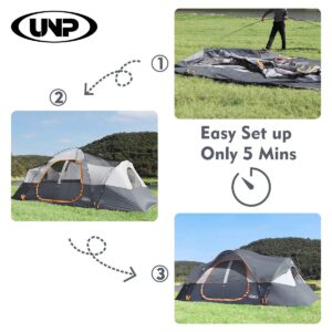 UNP Camping Tent 10-Person-Family Tents, Parties, Music Festival Tent, Big, Easy Up, 5 Large Mesh Windows, Double Layer, 2 Room, Waterproof, Weather Resistant, 18ft x 9ft x78in (Gray)