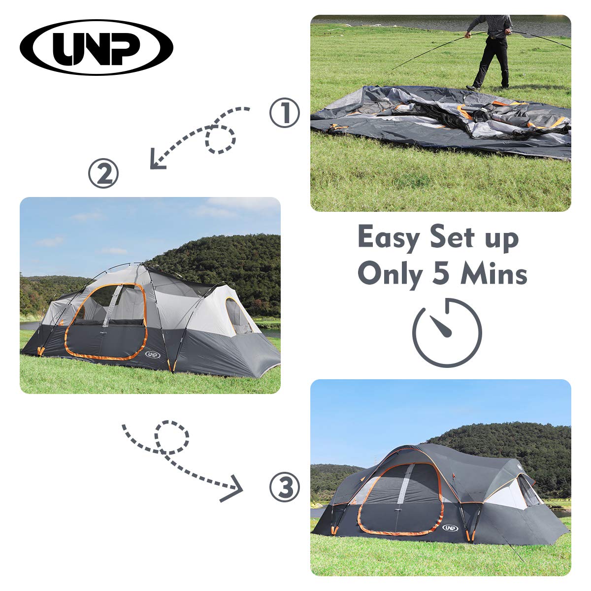 UNP Camping Tent 10-Person-Family Tents, Parties, Music Festival Tent, Big, Easy Up, 5 Large Mesh Windows, Double Layer, 2 Room, Waterproof, Weather Resistant, 18ft x 9ft x78in (Gray)