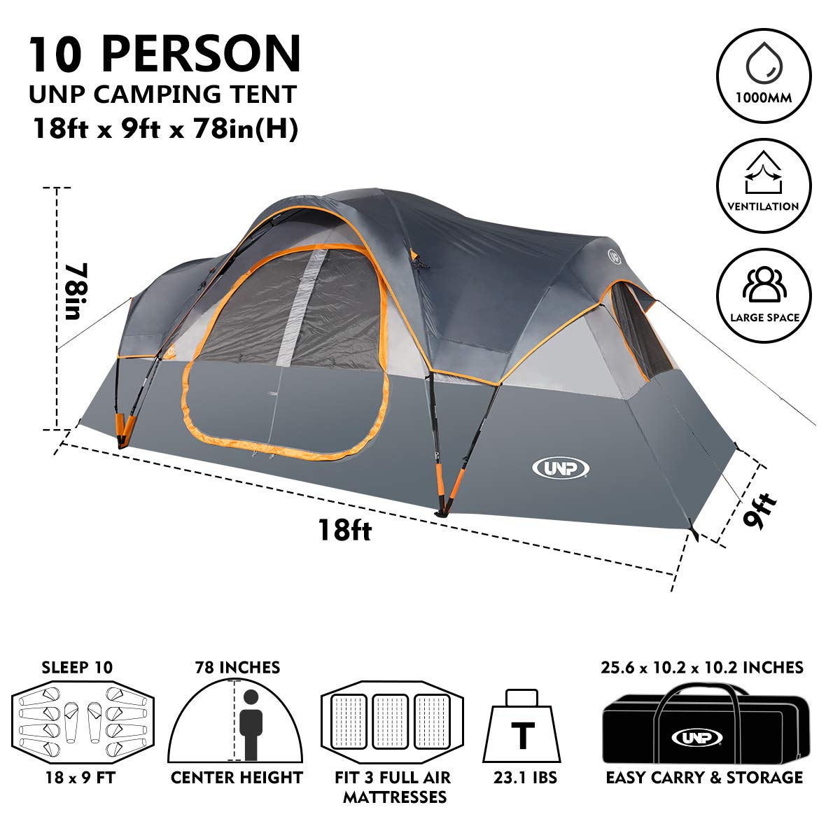 UNP Camping Tent 10-Person-Family Tents, Parties, Music Festival Tent, Big, Easy Up, 5 Large Mesh Windows, Double Layer, 2 Room, Waterproof, Weather Resistant, 18ft x 9ft x78in (Gray)